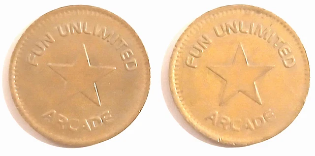 VINTAGE FUN UNLIMITED Arcade Token Lot Of 2 No Cash Value Brass .9375 ...
