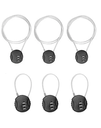 6 PACK 3 Digit Combination Lock Black Steel Wire Cable Locks Flexible ...