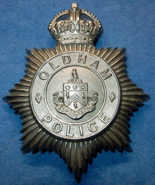 ANTIQUE OBSOLETE OLDHAM Police Constabulary Helmet Plate Badge - Kings ...