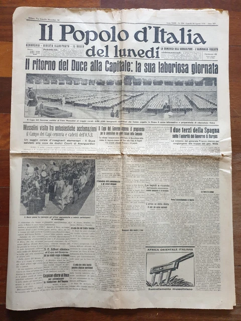 DUCE FASCISMO POPOLO d'Italia 10 agosto 1936 PNF Giornale Mussolini ...