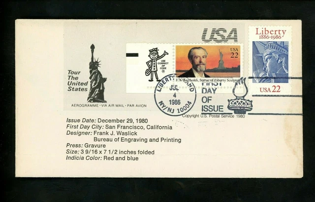 RANTO CACHET US FDC #2224 on UC53 w/ 2147 Statue of Liberty Bartholdi ...