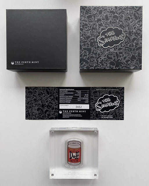 MONETA COLORATA THE Simpsons Duff Beer argento 1 oz Tuvalu 1 dollaro ...