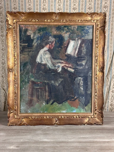 ANCIEN TABLEAU PORTRAIT Dame au piano salon PAUL DANTIN JULIETTE ...