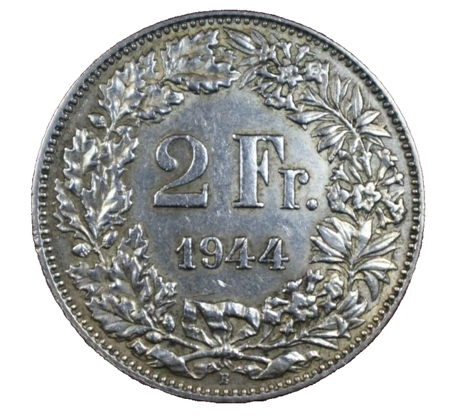 1944 SWITZERLAND HELVETIA Silver 2 Francs Coin High Grade Uncleaned ...