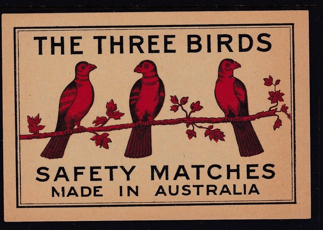 THE THREE BIRDS Safety Matches Matchbox Label Made In Australia - Brand ...