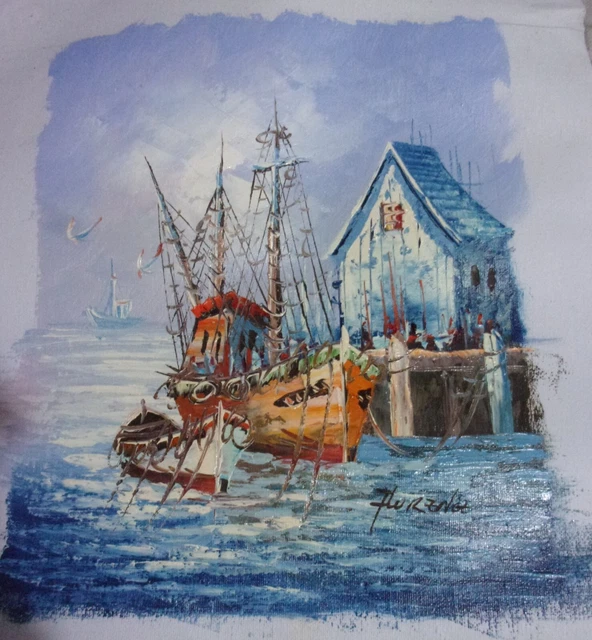 FISHING BOATS HARBOUR Oil Painting by American Folk Artist Florence ...
