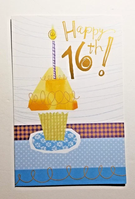 HAPPY 16TH BIRTHDAY Greeting Card Gold Metallic Letters Cupcake ...