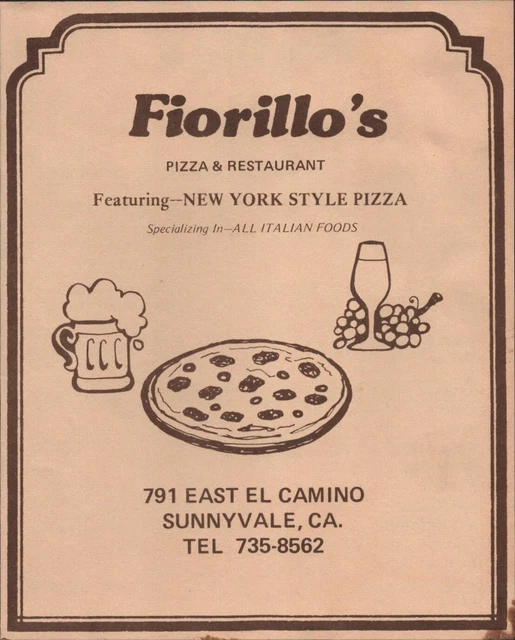 1980 FIORILLO'S PIZZA & RESTAURANT mini take-out menu SUNNYVALE ...