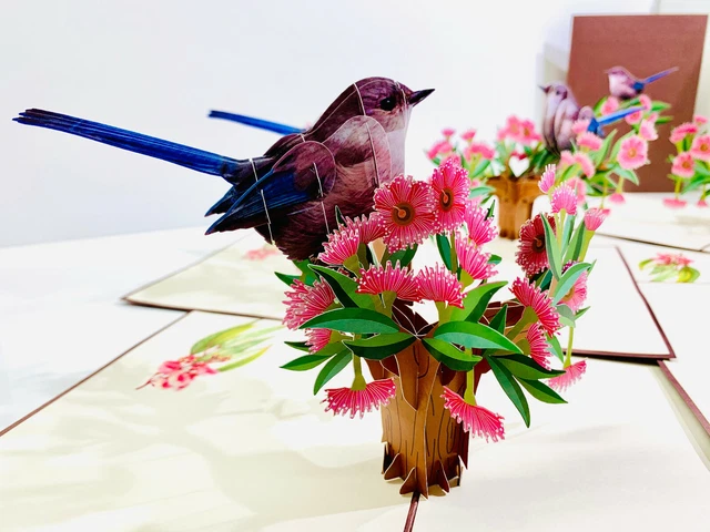 ORIGAMI POP CARDS Blue Wren Bird 3D Pop Up Greeting Card Monther's Day ...