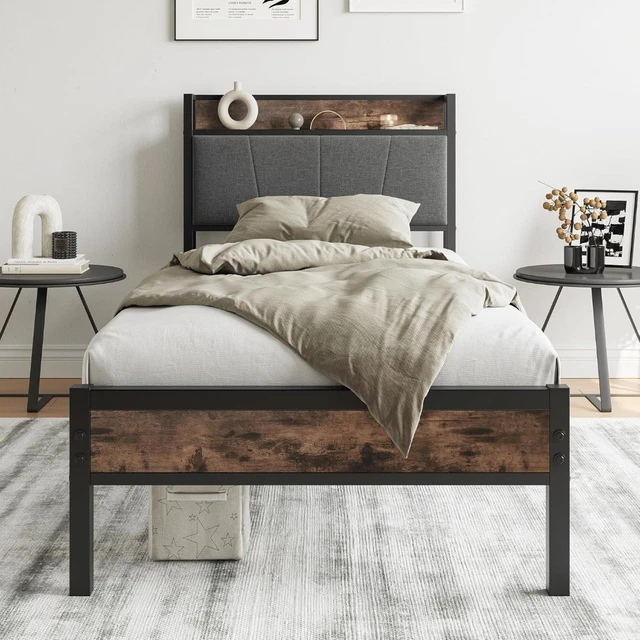 SINGLE BED FRAME with Storage Headboard Heavy Duty Metal 3ft ...