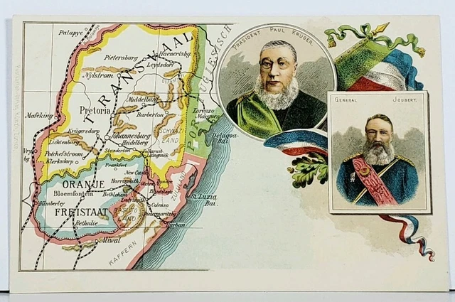 BOER WAR ATTRACTIVE COLOUR TRANSVAAL MAP KRUGER & GEN JOUBERT c1902 ...