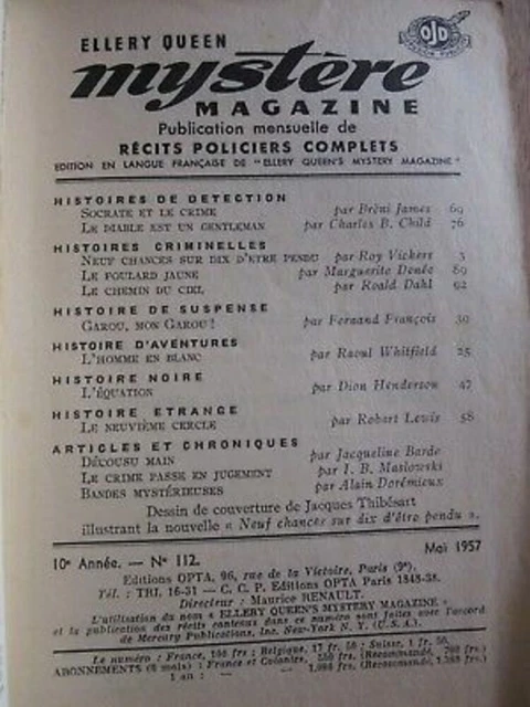 MYSTÈRE MAGAZINE N°112 Mai 1957: Roy Vickers-Roald Dahl-Raoul Whitfield ...