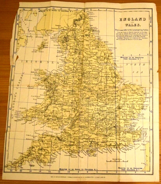 ANTIQUE MAP OF England and Wales with Reference to Lamplighting Tables ...