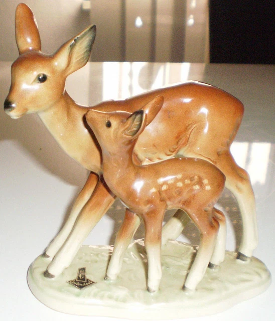 PORZELLANFIGUR 2 REHE auf Sockel Reh mit Rehkitz Kitz Cortendorf Figur ...