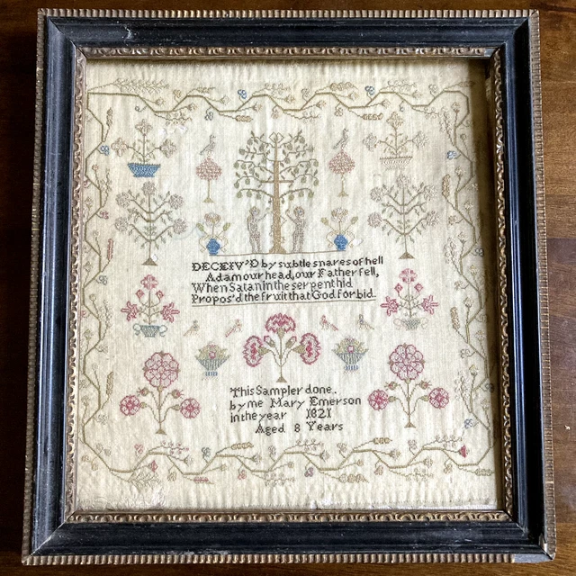 ANTIQUE VICTORIAN sampler dated 1821. Made by Mary Emerson, aged 8. £31 ...