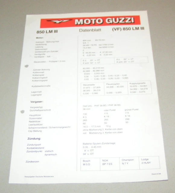 FICHE TECHNIQUE / Valeurs De Réglage Moto Guzzi 850 LM III - État 1984 ...