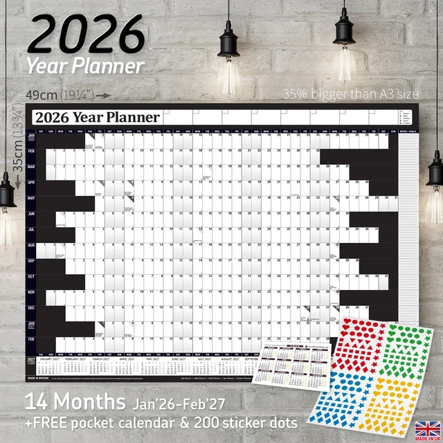 2026 YEARLY PLANNER Annual Calender Wall Chart BLACK + FREE 200 Sticker ...