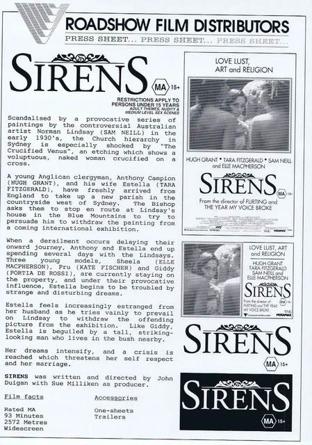 SIRENS ORIGINAL AUSTRALIAN Movie Press Sheet Elle MacPherson Norman ...