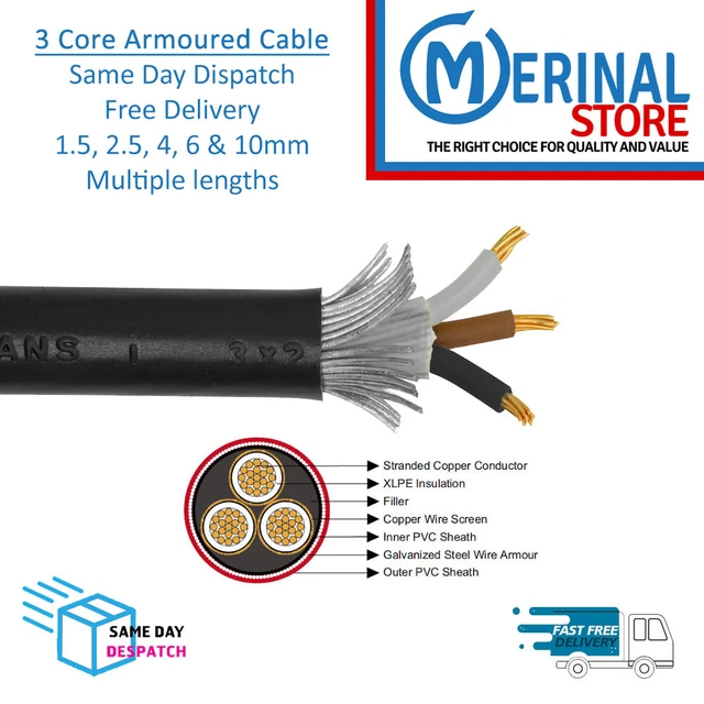 ARMOURED CABLE 3 Core 6943x SWA Multiple Lengths & Sizes 1.5, 2.5, 4, 6 ...