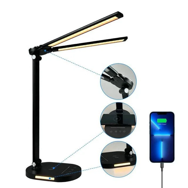 10W LED DESK Lamp W/Wireless Charger, Timer USB Bedroom Reading Light ...
