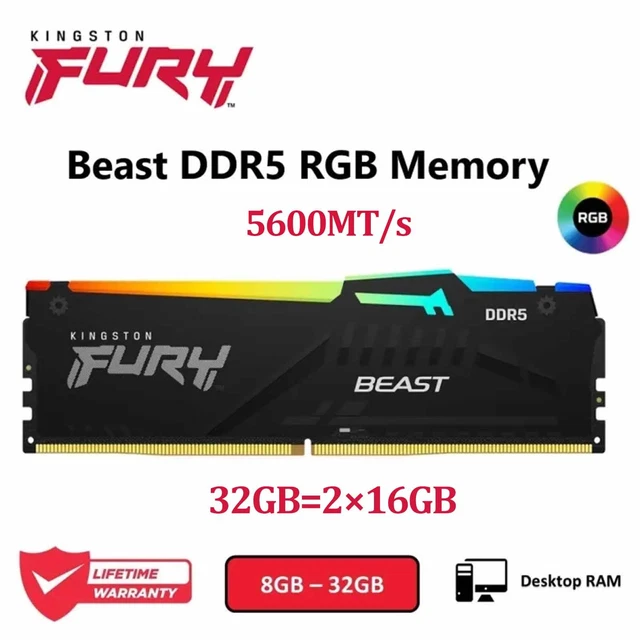 KINGSTON BEAST DDR5 RGB RAM 32GB(2×16GB) 5600MT/s Desktop Memory DIMM ...