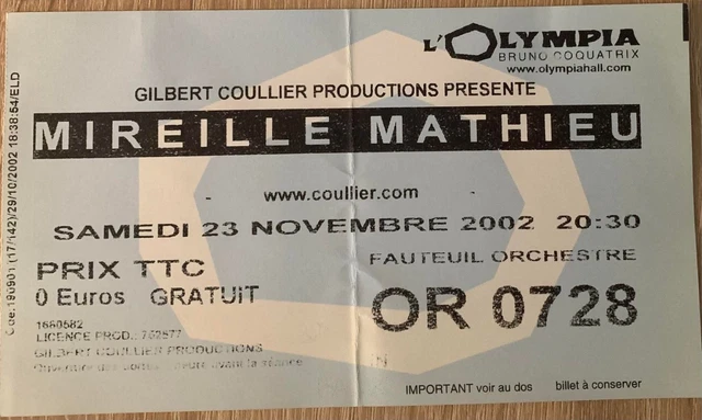 MIREILLE MATHIEU - Ticket concert n° OR 728 - Olympia Paris - 23 ...