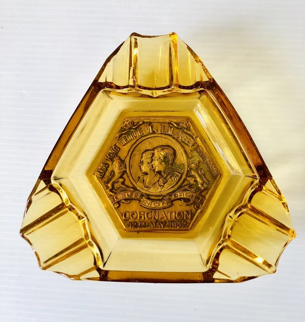 KING GEORGE VI Queen Elizabeth Coronation Amber Glass Ashtray, 12th May ...