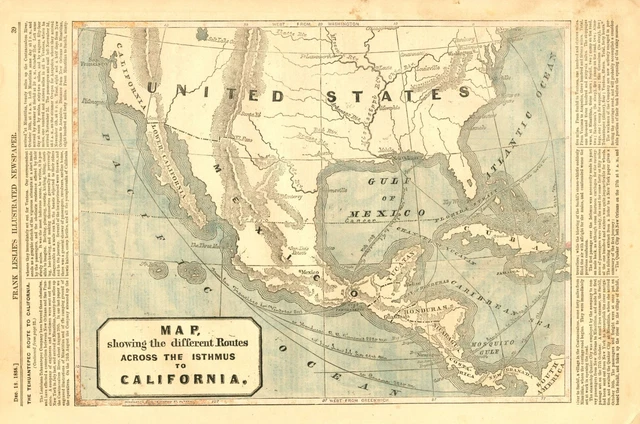 Map Showing Different Routes Across The Isthmus To California