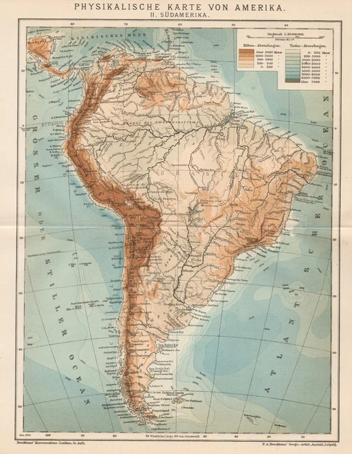 B6214 SOUTH AMERICA physical - Carta geografica antica del 1901 - Old ...