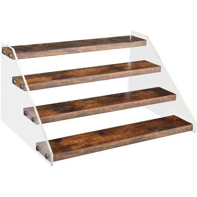 WOOD DISPLAY STAND, 4 Tier Clear Acrylic Display Shelf Riser Organizer ...