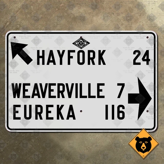 CALIFORNIA HAYFORK WEAVERVILLE Eureka directional road sign NorCal 1936 ...