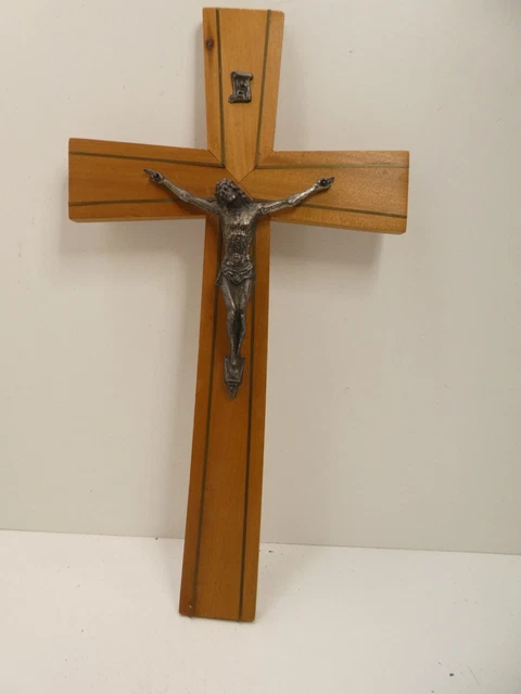 VINTAGE WOODEN TIMBER Church Cross Crucifix Jesus Statue Brass Inlay ...