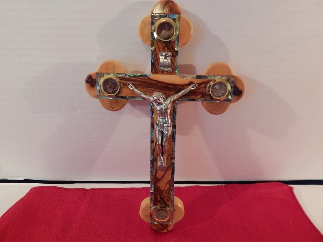 NICE LATIN CROSS olive wood seashell crucifix hand carved holy land £46 ...