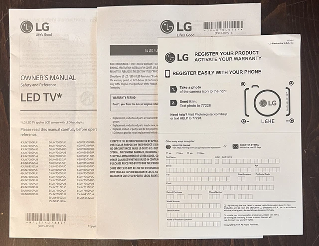 LG LED OWNERS Safety/Reference Warranty Manuals with Registration Card ...