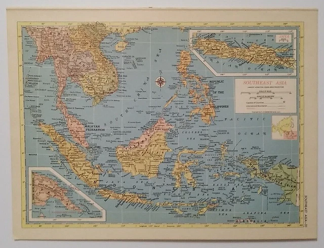 1956 ANTIQUE SOUTHEAST ASIA Atlas Map Hammond's Family Reference World ...