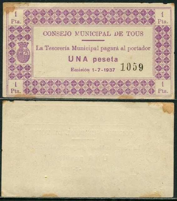 ESPAGNE GUERRE CIVILE Tous / 1 Peseta 1 Juillet 1937 / Sans Sceau En ...