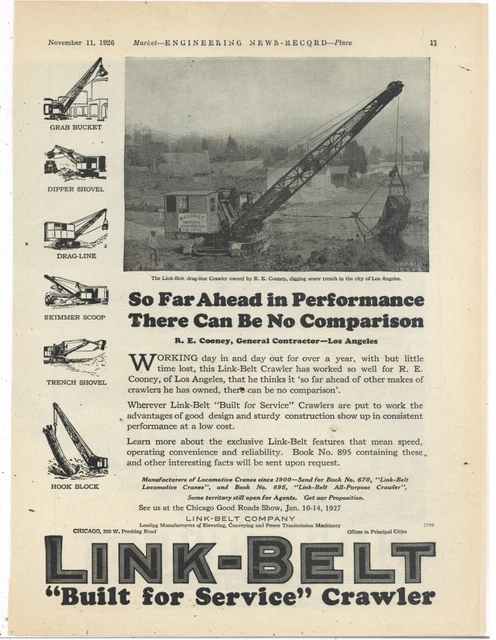 1926 LINK BELT Drag Line Crawler Ad: R.E. Cooney Contractor - Los ...
