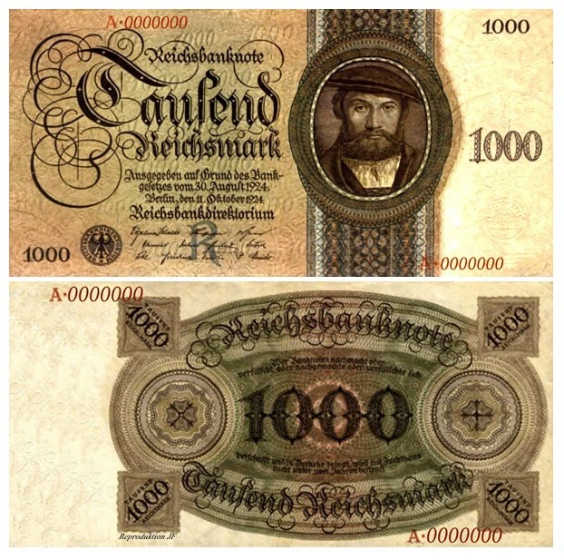REICHSBANKNOTE, 1000 REICHSMARK, Tausend Reichsmark, 1924, Reproduktion ...