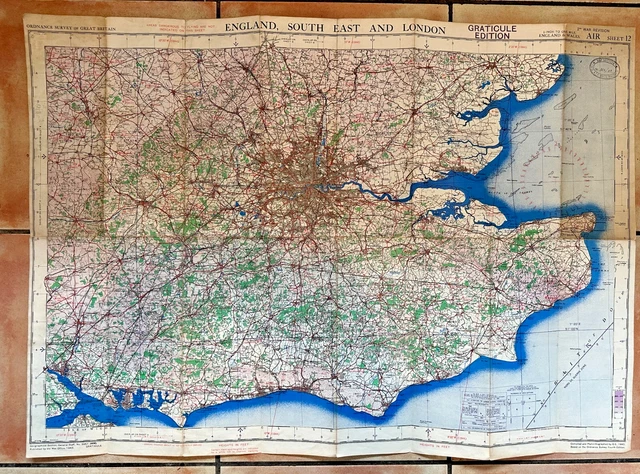 WW2 RAF/AIR TRANSPORT Auxiliary Map England South East & London 1943 ...