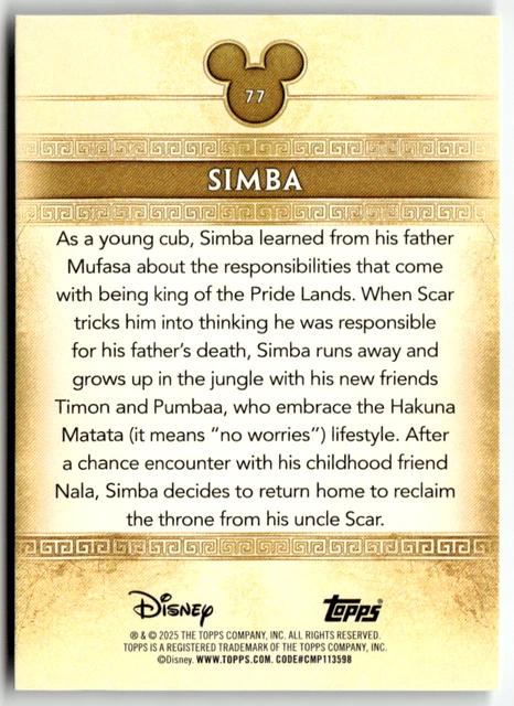 TOPPS DISNEY MINTED 2025 Card No. 77 Simba Gold Minted Refractor £7.04 ...