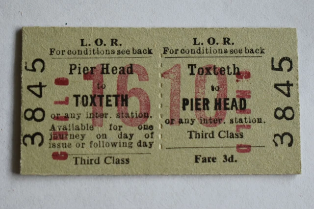 LIVERPOOL OVERHEAD RAILWAY Ticket L.O.R TOXTETH to PIER HEAD No 3845 £3 ...