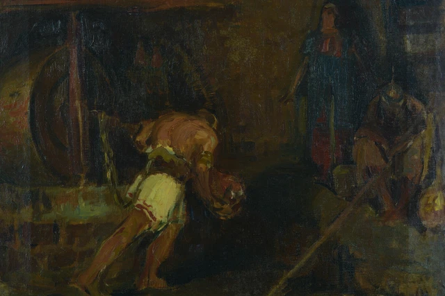 BEAUTIFUL ANTIQUE PAINTING Samson turning the millstone Christian Bible ...