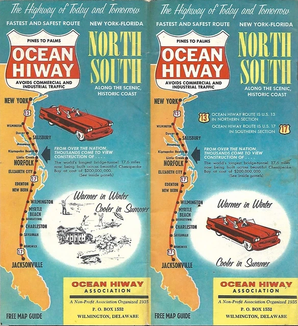 1961 OCEAN HIGHWAY Road Map Coastal Route NEW YORK to FLORIDA ...