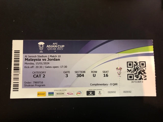 USED COLLECTOR COLLECTION Ticket AFC Asian Cup Qatar 2023 #10 Malaysia vs. Jordan £6.14 ...