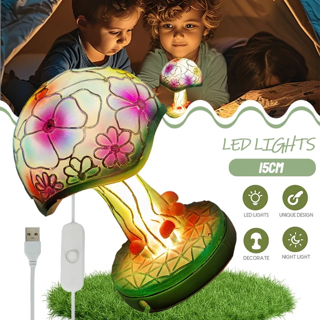 PAINTING RESIN MUSHROOM Table Lamp Stained Glass Plant Series Night ...