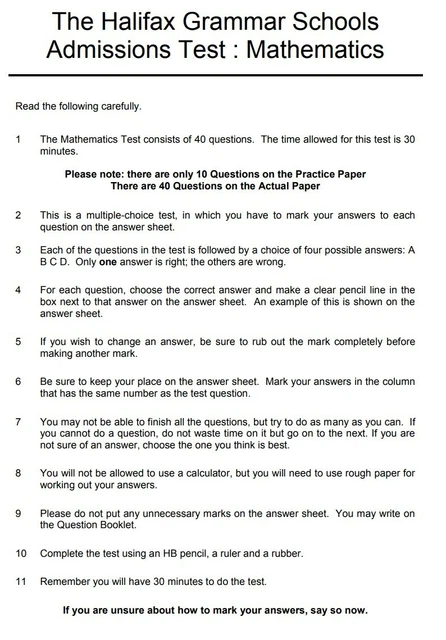 HALIFAX GRAMMAR SCHOOL 11+ Maths Entrance Exam Test 1 Past Paper With ...