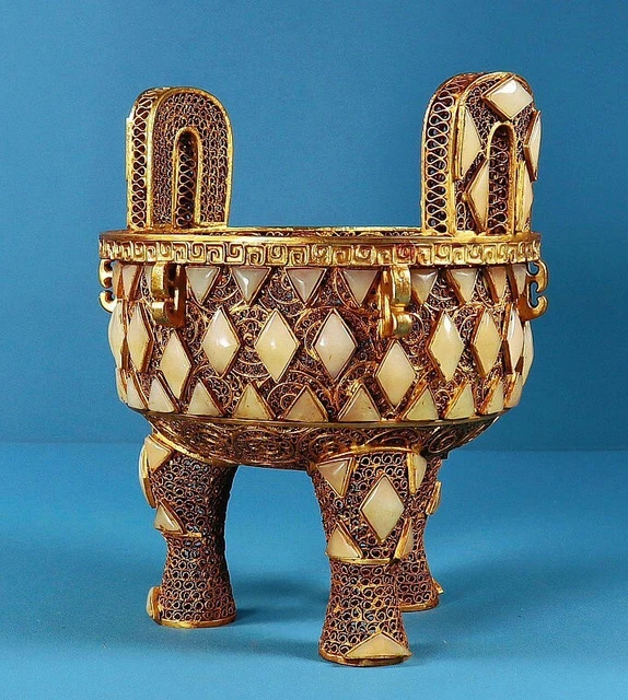 7& OLD CHINESE Dynasty Bronze 24K Gilt Inlaid Hetian Jade 2 Handle 3 ...