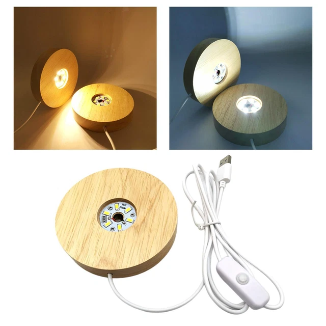 WOOD ROUND LED Light Base Acrylic Art Display Stand Lamp for Crystals ...