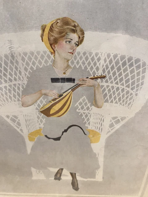 LIFE 1911 PIN-UP plays Mandolin Fadeaway Girl on wicker Art Deco Coles ...