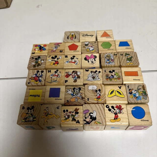 VINTAGE DISNEY CHARACTERS Wooden Baby Blocks Lot of 33. 1” Blocks £11. ...